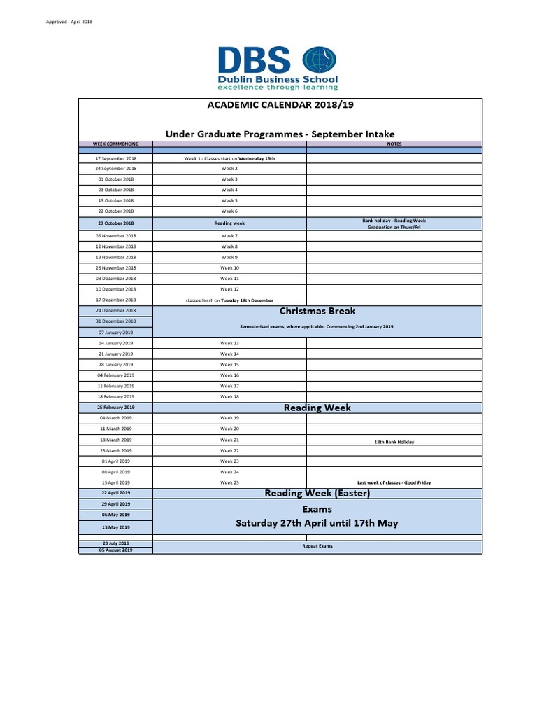 2018 19 Academic Calendar Ug Programmes Sept Intake | PDF | Academic ...