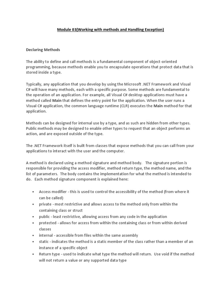Declaring Methods Module 03 Working With Methods And Handling Exception Pdf Method