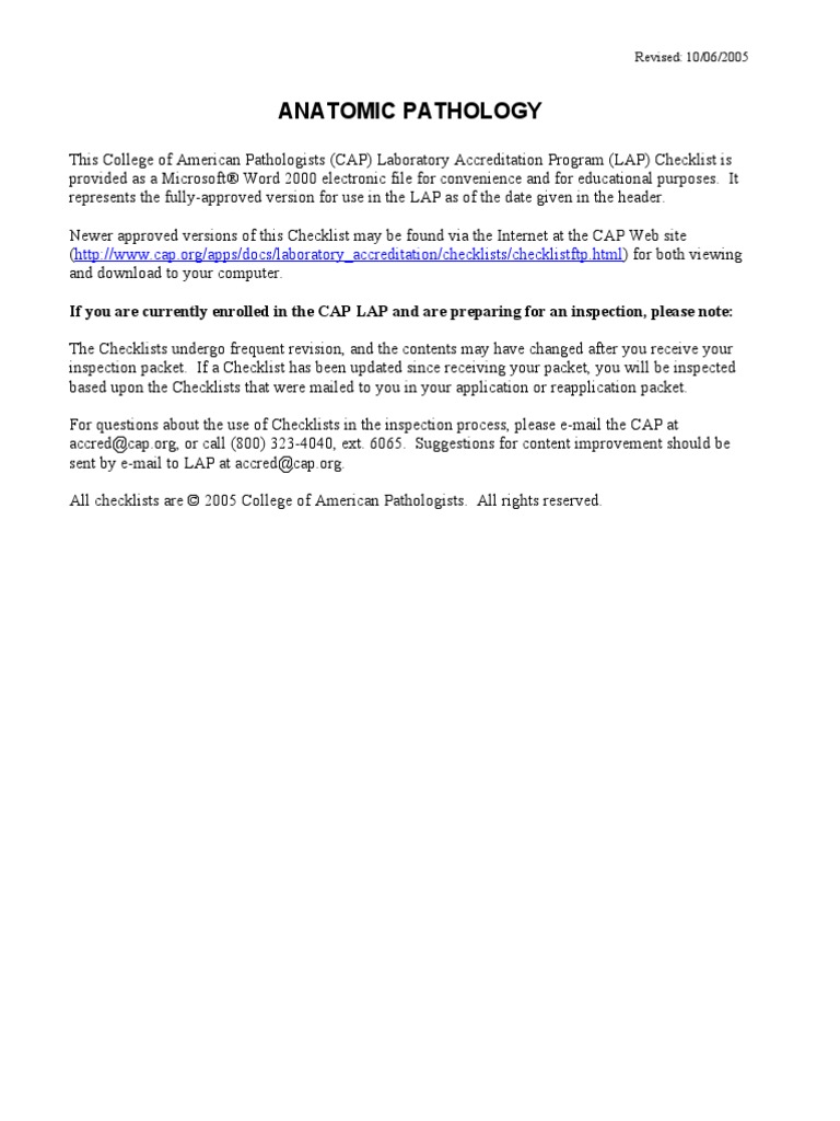 College of american pathologists checklist store