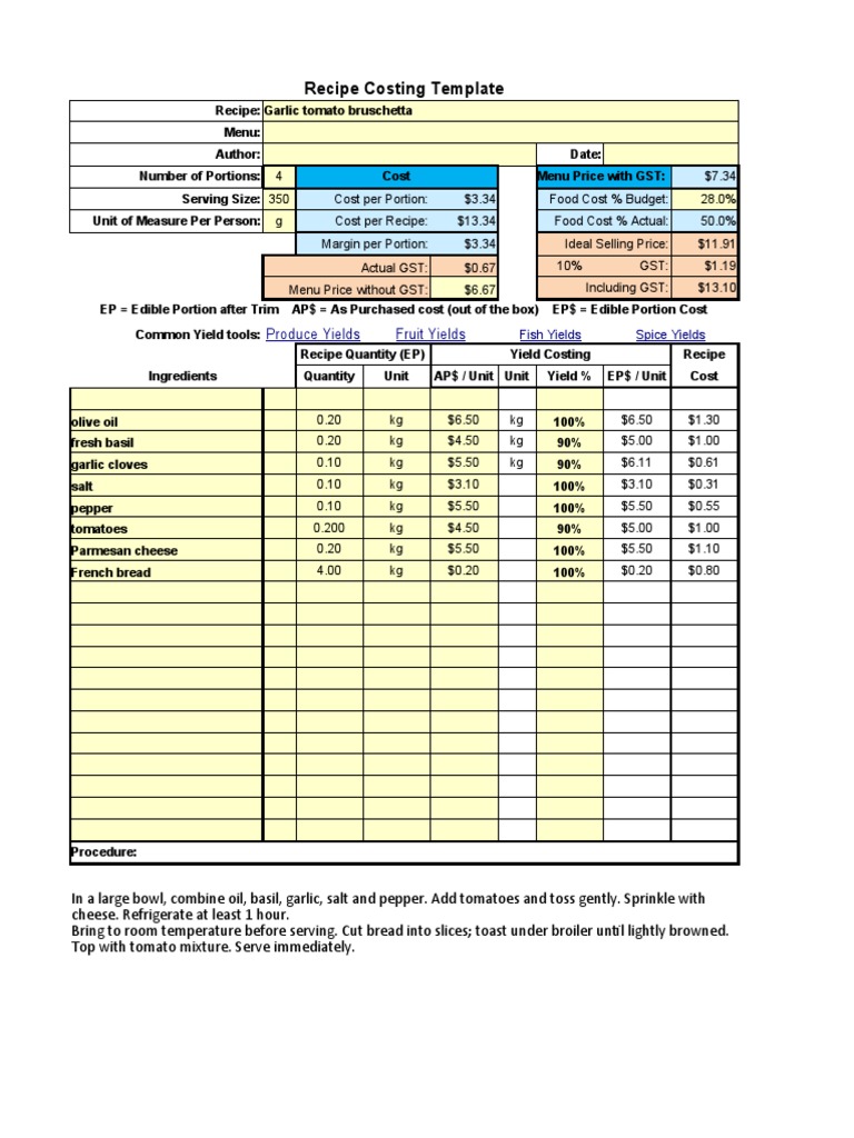 Recipe Costing Template | PDF | Foods | Food And Drink Preparation