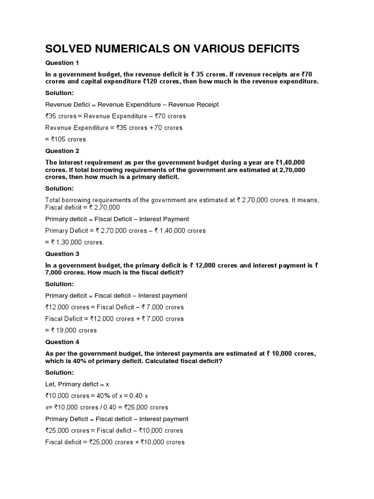 Solved Numericals On Various Deficits PDF | PDF | Government Budget ...