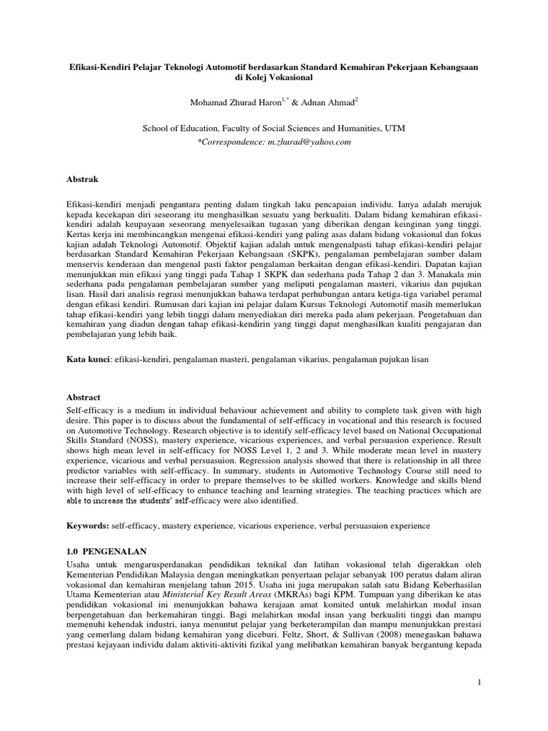 Efikasi-Kendiri Pelajar Teknologi Automotif Berdasarkan Standard ...