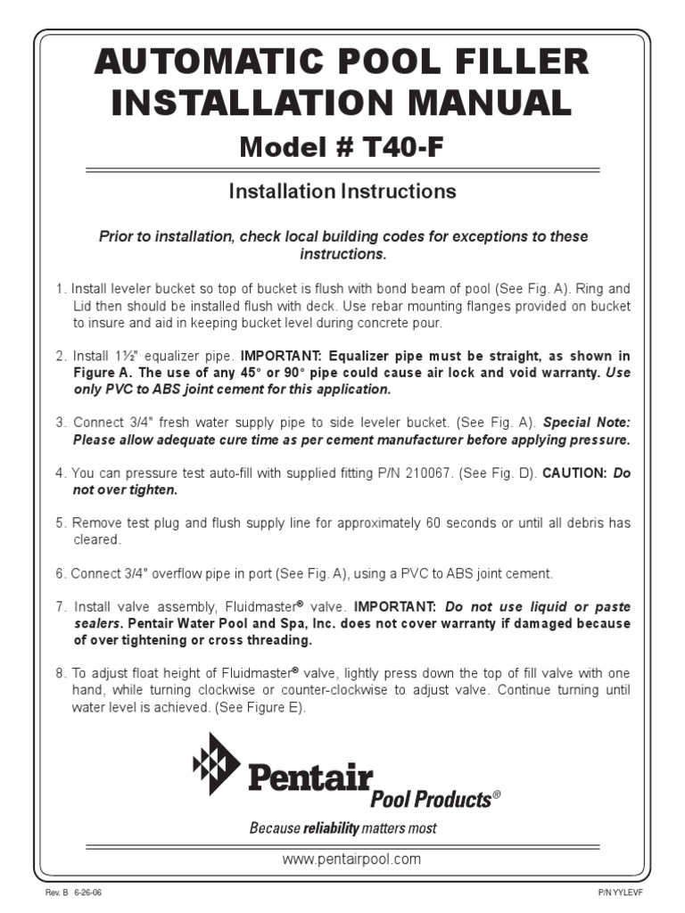 Automatic Pool Filler Installation Manual: Model # T40-F | PDF | Pipe ...