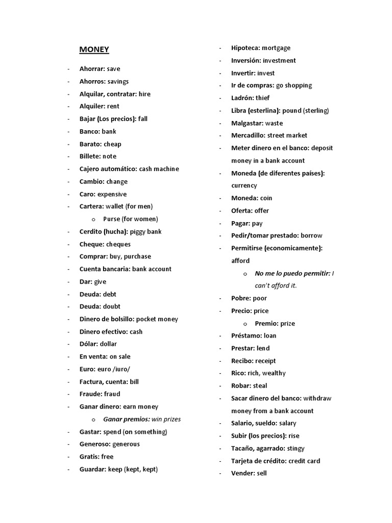 Vocabulario de Dinero en Inglés | PDF | Tecnología financiera ...