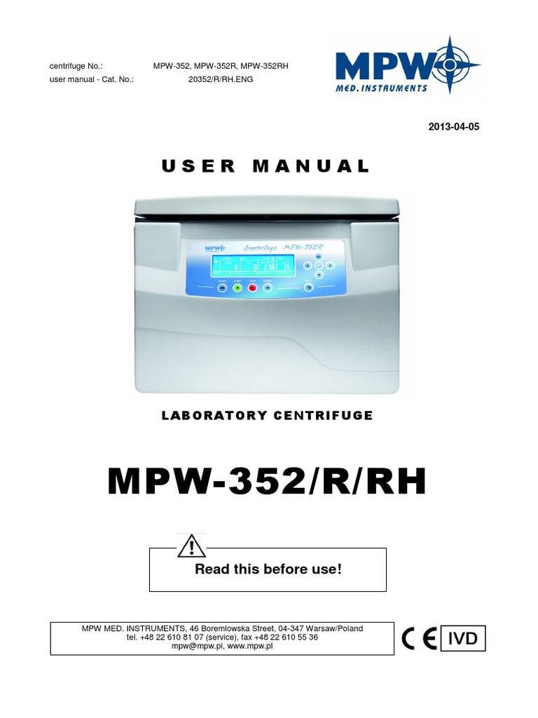 MPW-352/R/RH: User Manual | PDF | Centrifuge | Vacuum Tube