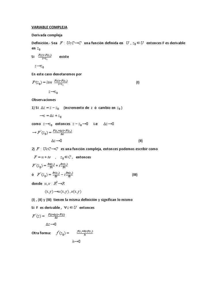 VARIABLE COMPLEJA Derivada Compleja PDF | PDF | Derivado | Función (Matemáticas)