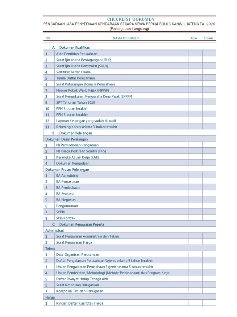 Checklist Dokumen Kendaraan Sewa (Penunjukan Langsung) | PDF