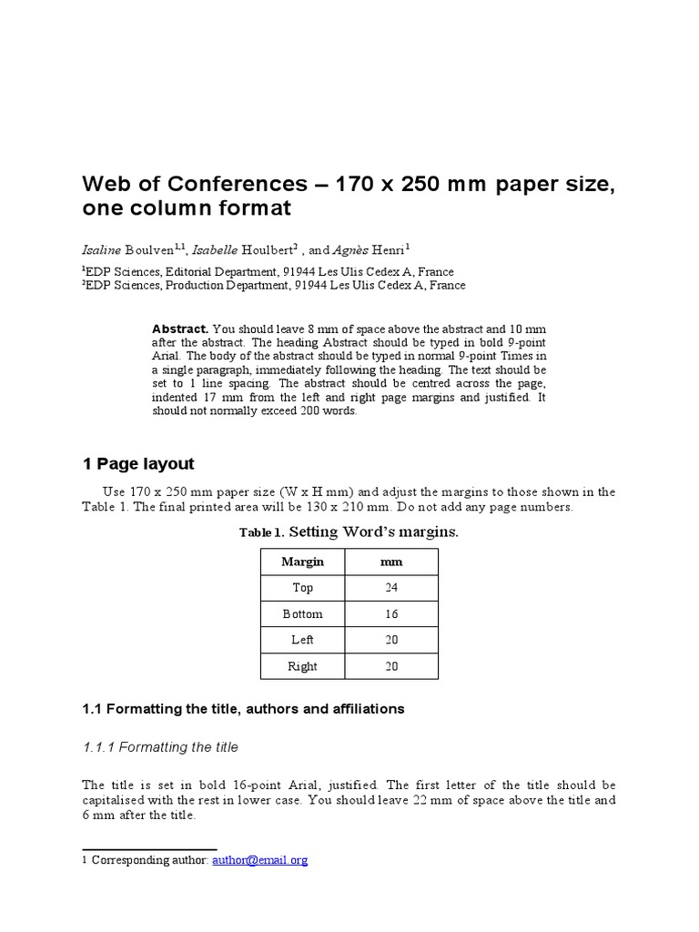 Web of Conferences - 170 X 250 MM Paper Size, One Column Format | PDF ...