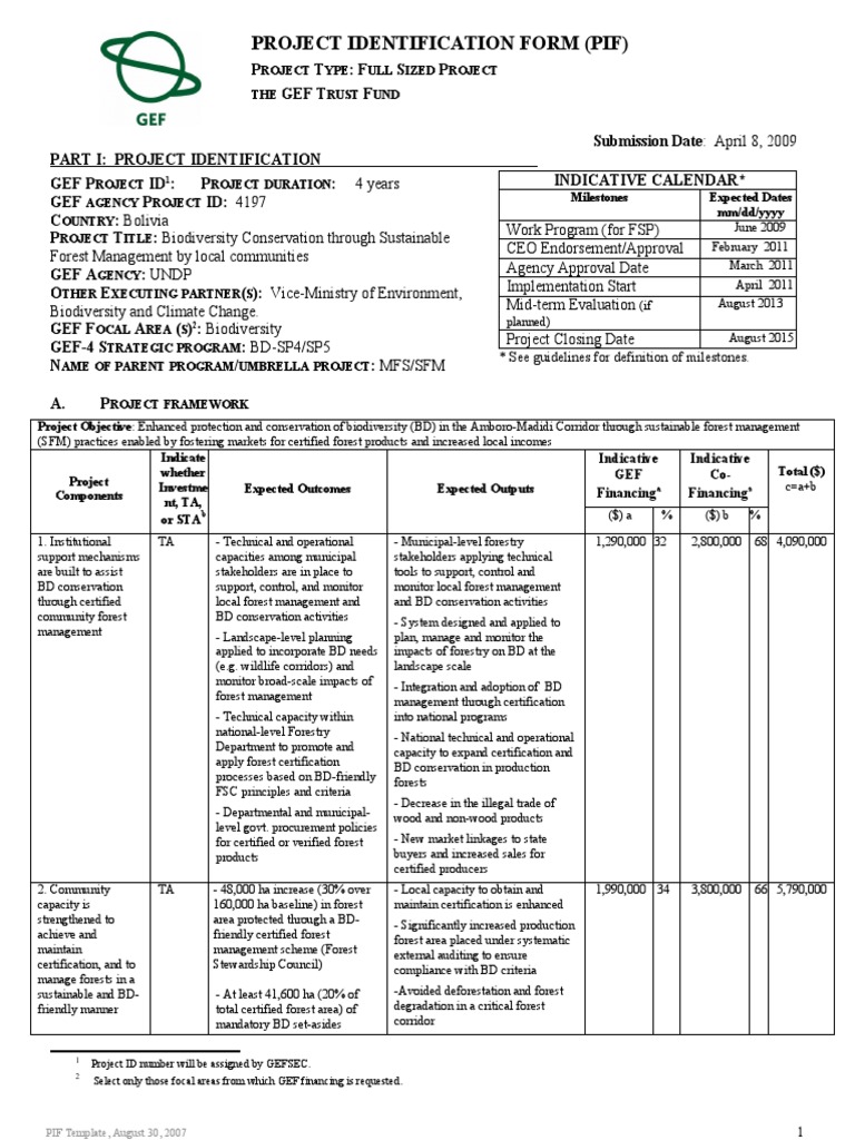 Project Identification Form (Pif) | PDF | Forest Stewardship Council | Global Environment Facility