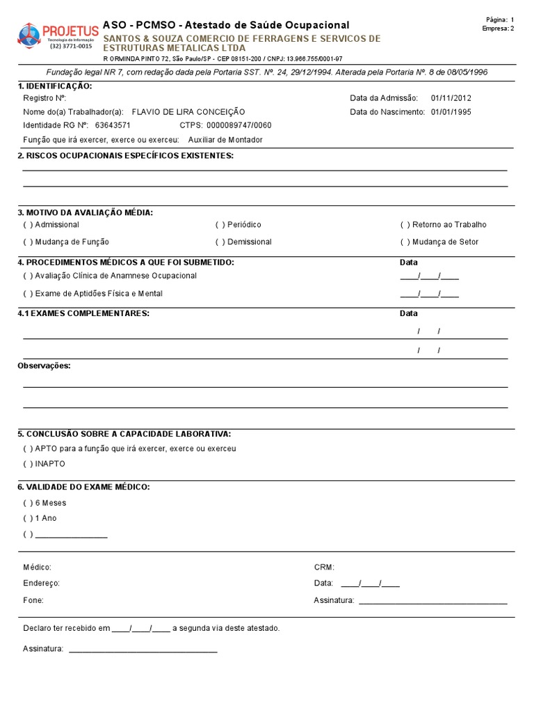 ASO PCMSO Atestado de Saude Ocupacional | PDF | Medicina Clínica ...