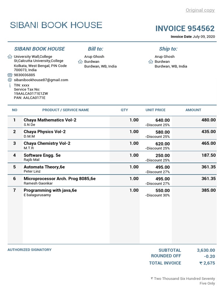 INVOICE 954562: Sibani Book House Ship To: Bill To | PDF