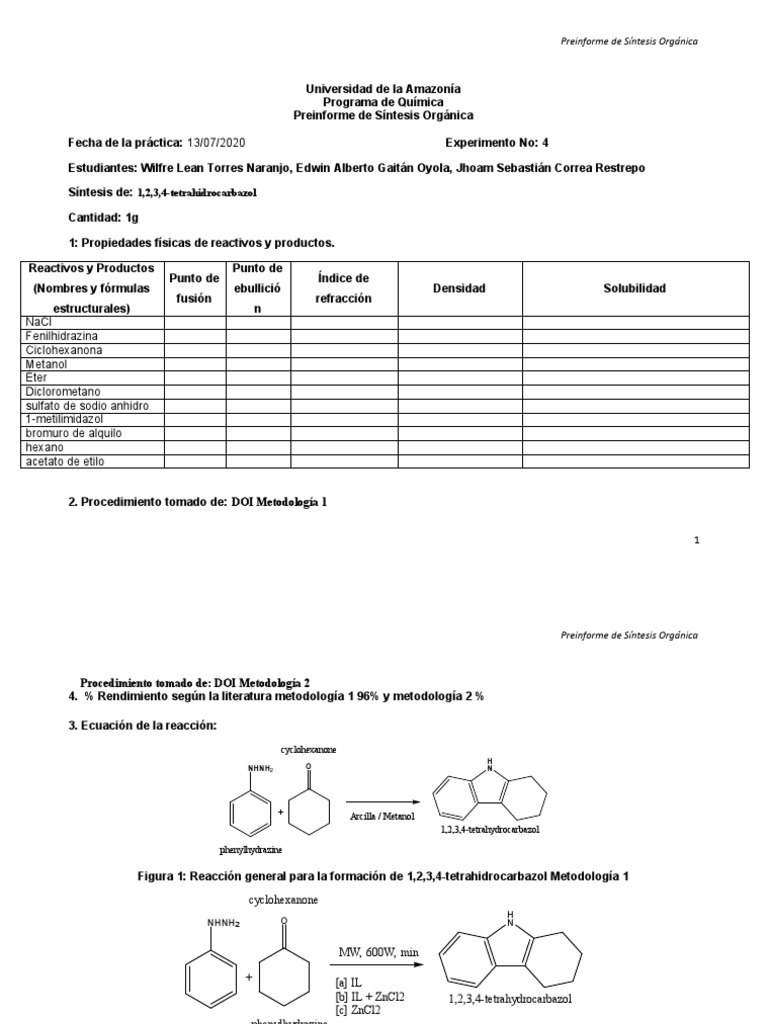 Síntesis De 1 2 3 4 Tetrahidrocarbazol Pdf Catálisis Química Orgánica