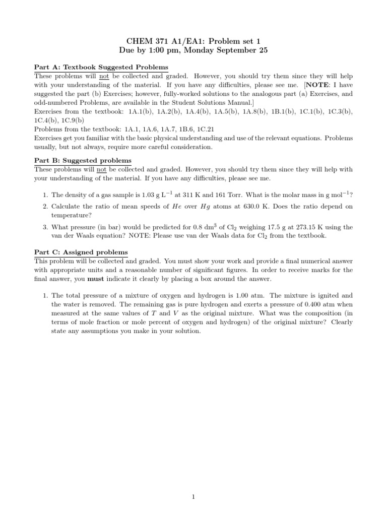 CHEM 371 A1/EA1: Problem Set 1 Due by 1:00 PM, Monday September 25 | PDF