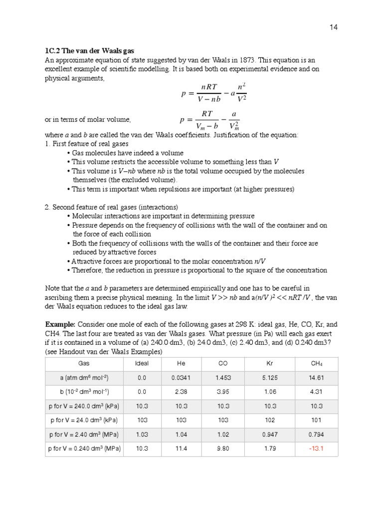 1C.2 The Van Der Waals Gas: P NRT V NB V P RT V V | PDF ...