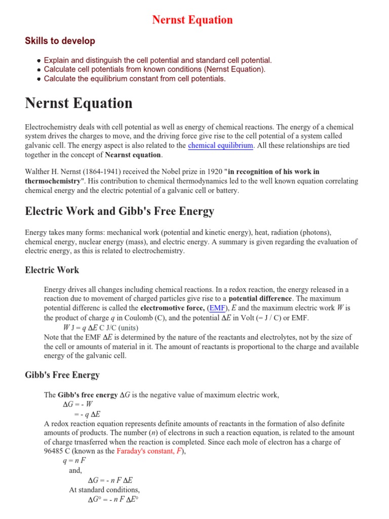 Nernst Equation | PDF | Chemical Equilibrium | Gibbs Free Energy