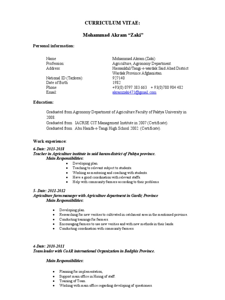 Curriculum Vitae: Mohammad Akram "Zaki": Personal Information | PDF | Behavior Modification ...