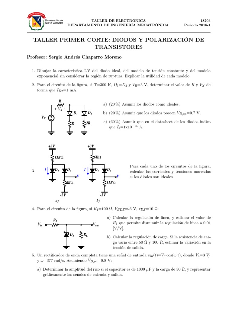 2018-1 Taller (Primer Corte) - Diodos Polarizacion de Transistores | PDF | Rectificador | Diodo