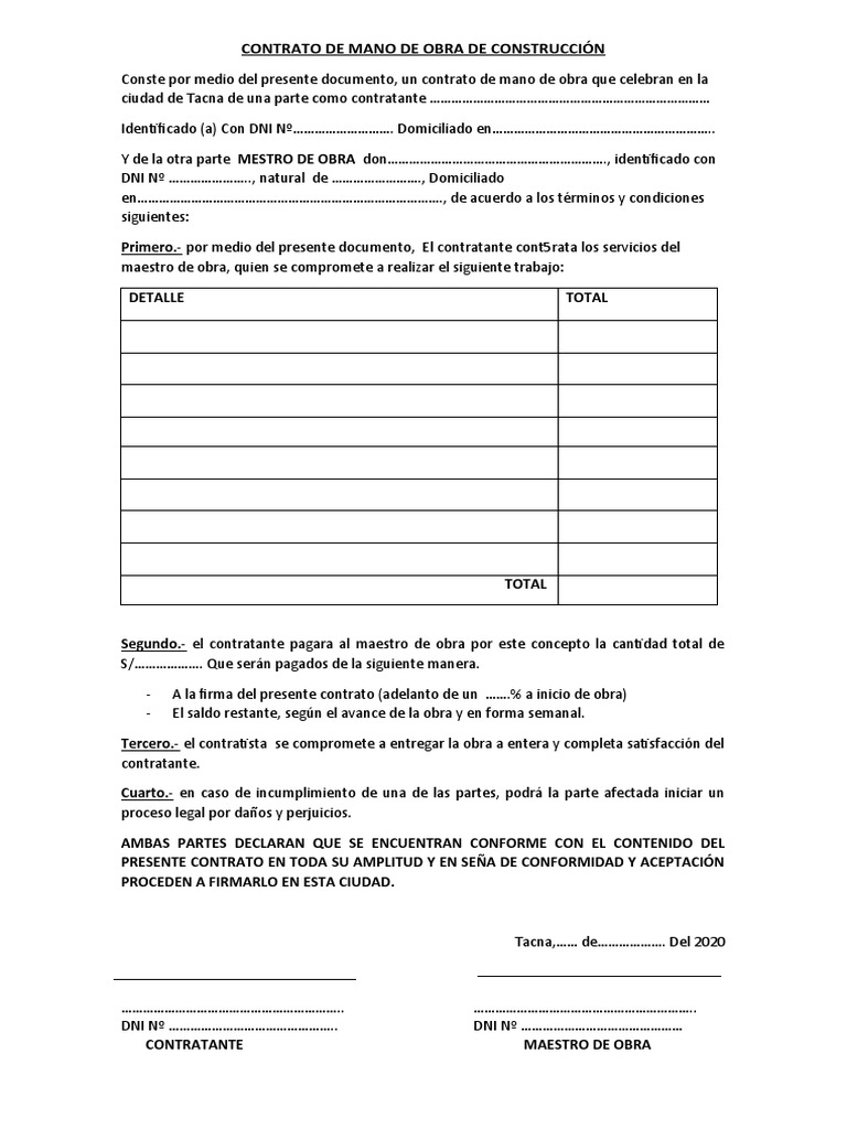 Contrato de Mano de Obra de Construcción | PDF