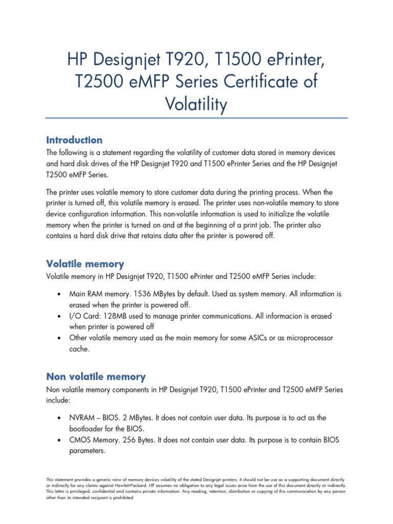 HP Designjet T920, T1500 Eprinter, T2500 Emfp Series Certificate of ...