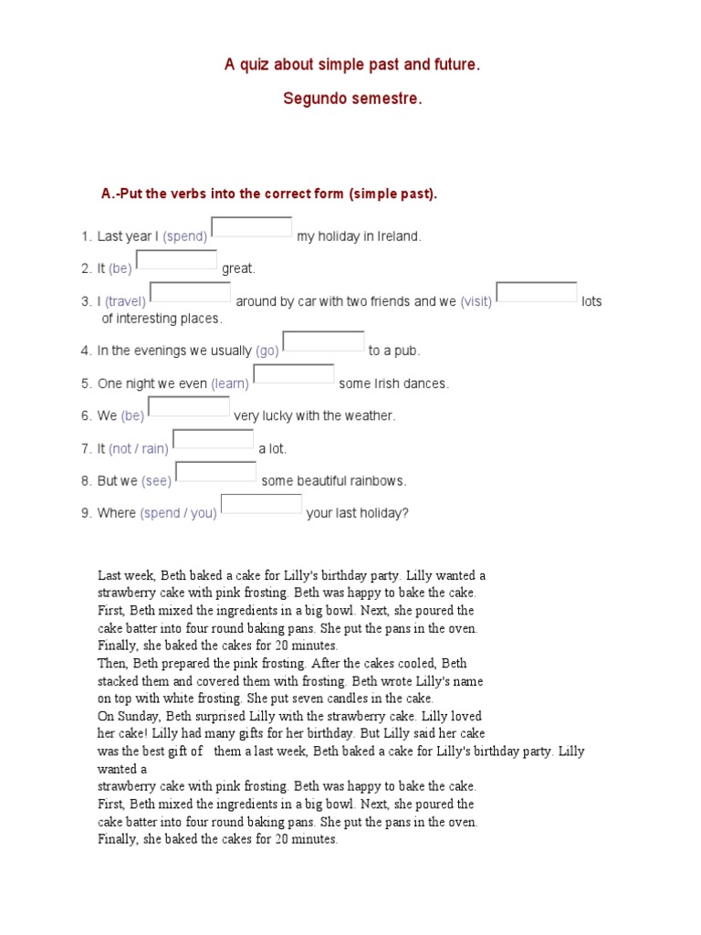 Reviewing Verb Tenses: A Quiz on Simple Past and Future Tenses for ESL ...