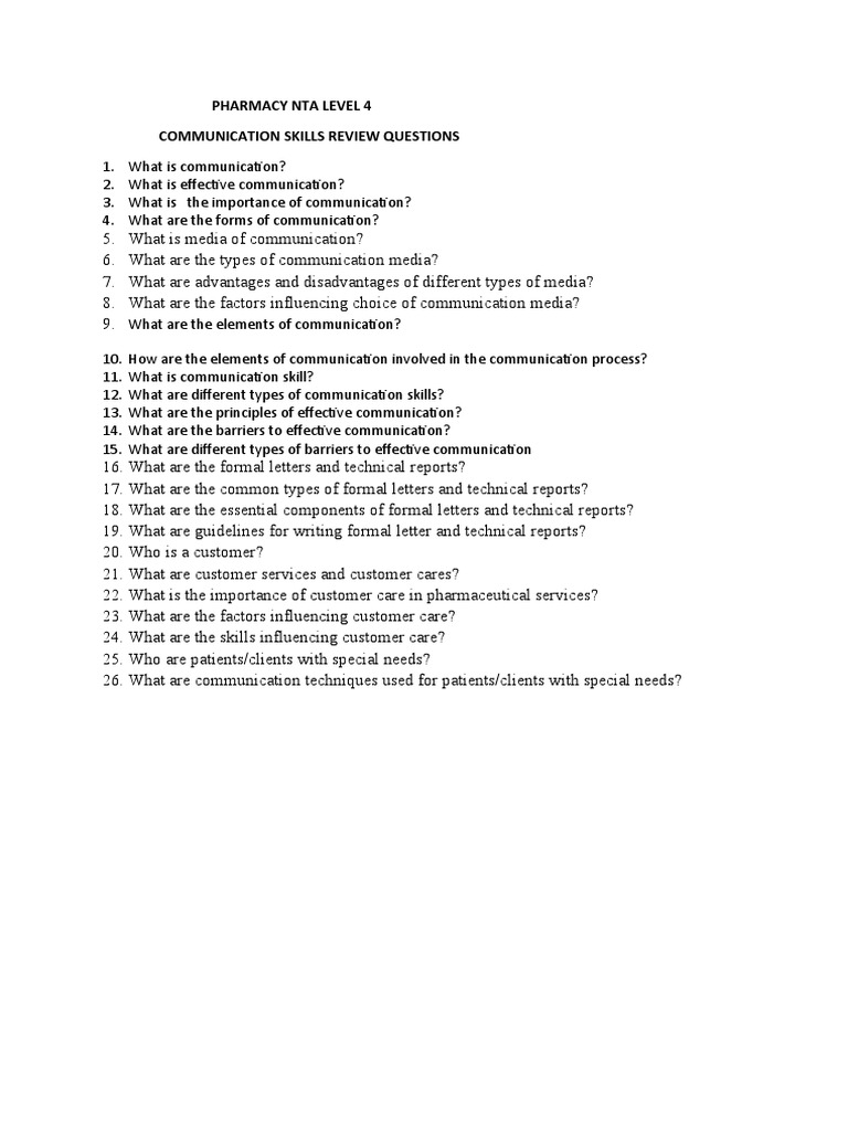 Pharmacy Nta Level 4 Communication Skills Review Questions | PDF