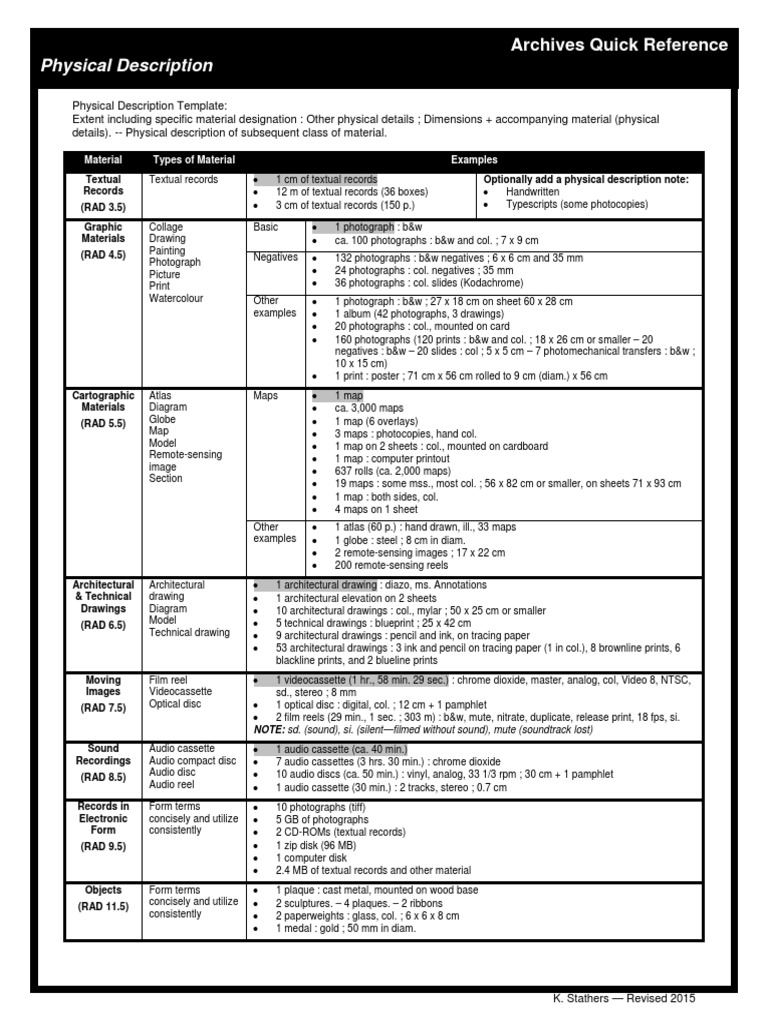 Archival Quick Reference - Description - RAD Physical Description | PDF ...