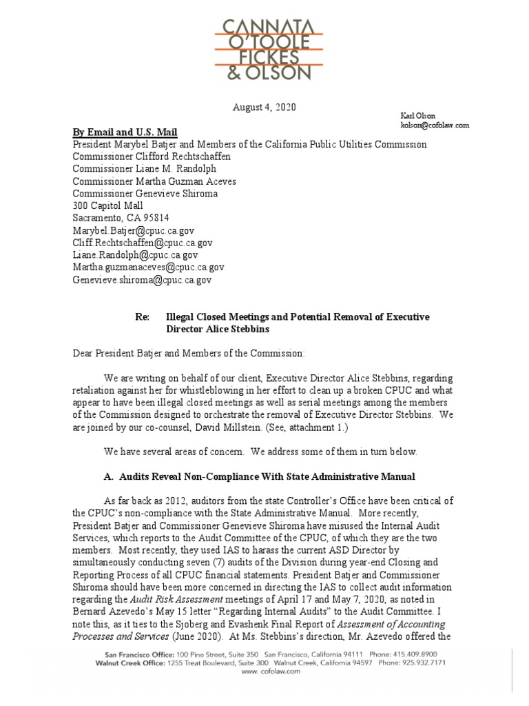2020.8.4 Letter To CPUC On Behalf of Ms. Stebbins | PDF | Audit ...