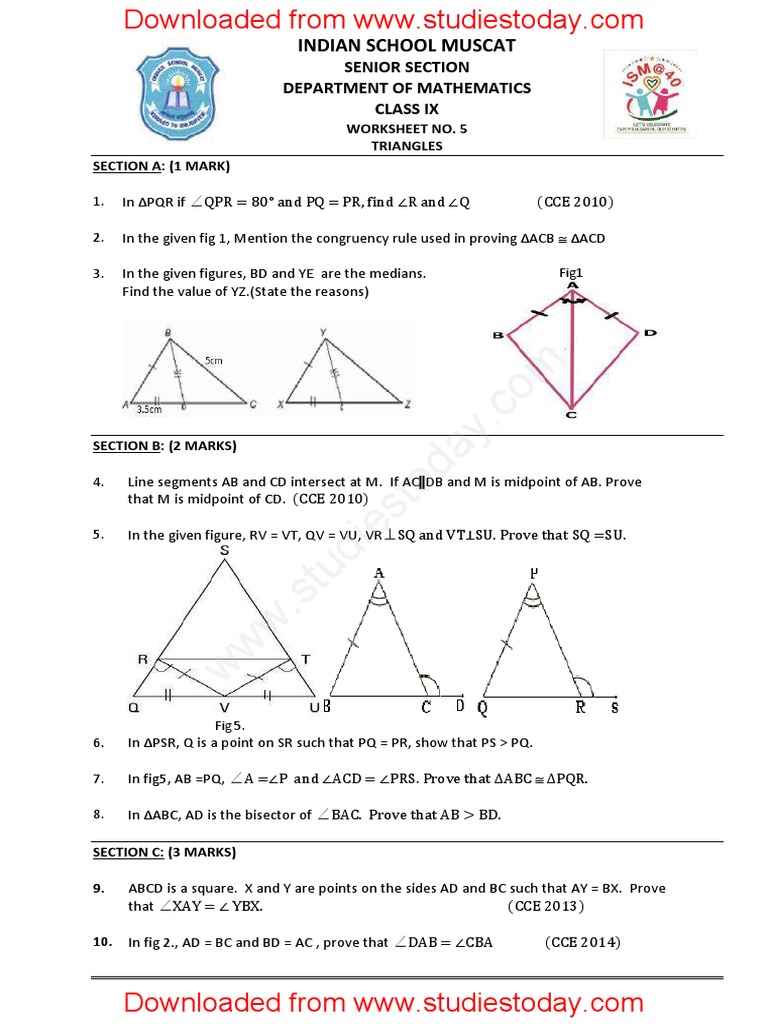 Class 9 Triangles Worksheet with Answers | PDF | Geometry | Geometric ...