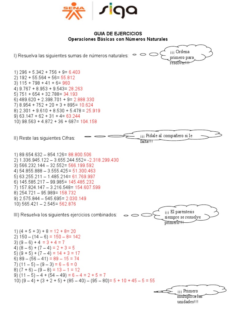 Operaciones Básicas Con Números Naturales Taller 2 | PDF