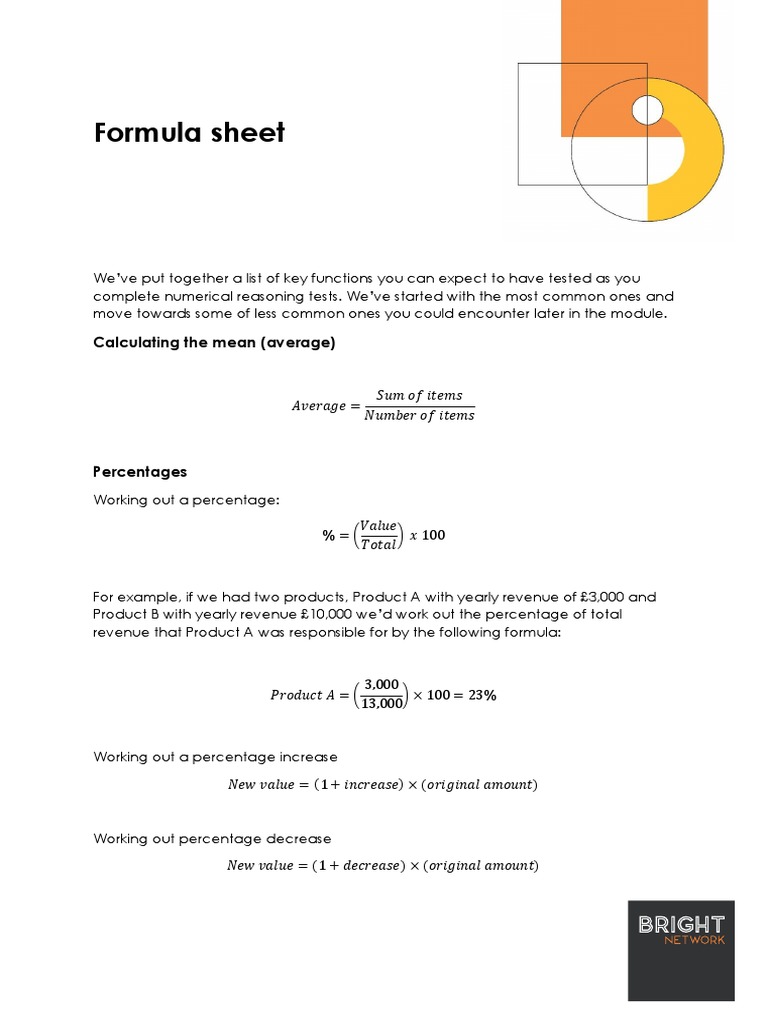 Formula Sheet: Calculating The Mean (Average) | PDF | Percentage | Analysis