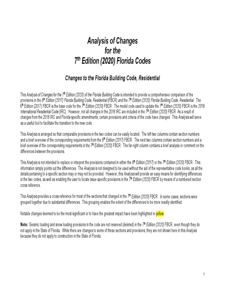 Analysis of Changes For The 7 Edition (2020) Florida Codes | PDF ...