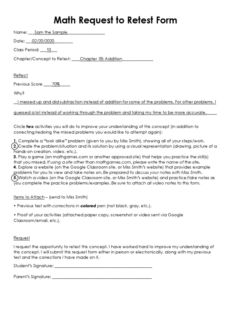 Math Retest Request Form | PDF | Business