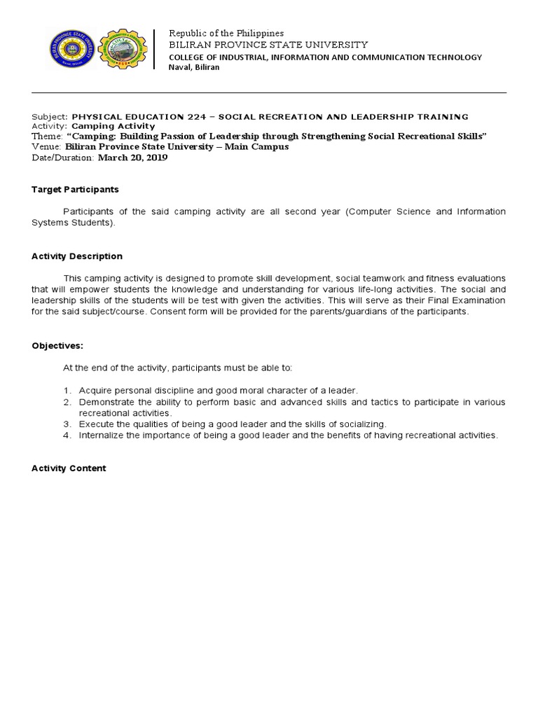 Camping Proposal | PDF | Leadership | Behavior Modification