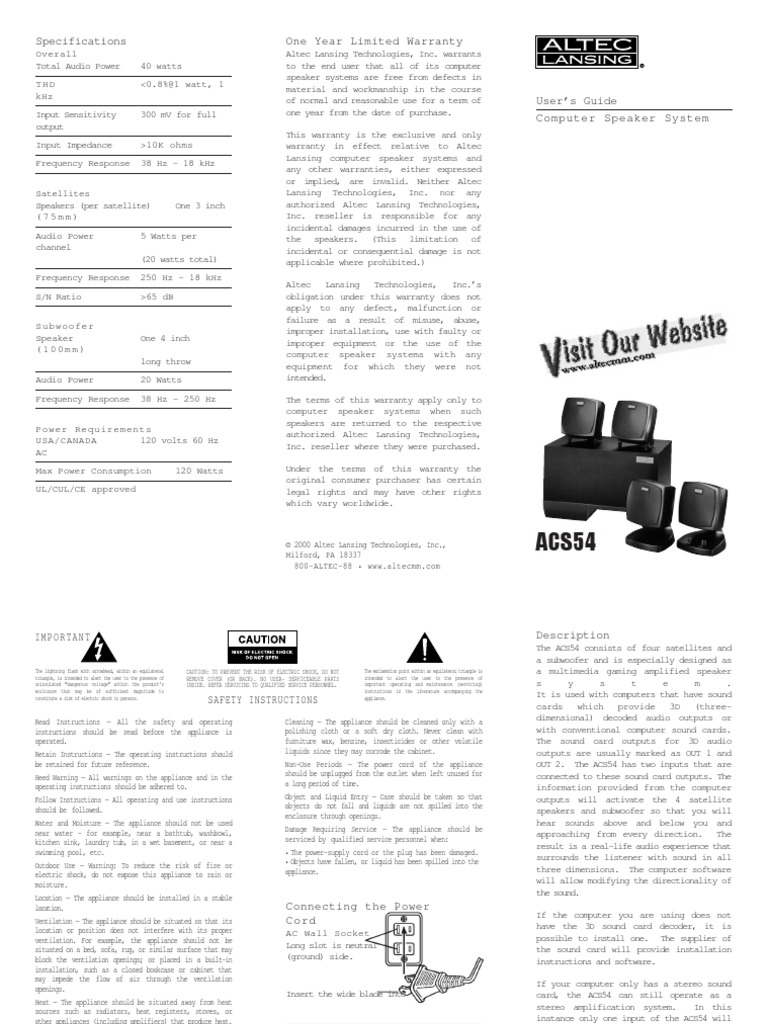 Altec Lansing ACS54 4.1 Speaker System - User Manual | PDF ...