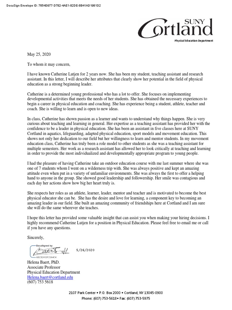 Recommendation Letter For Catherine Lutjen | PDF | Physical Education ...