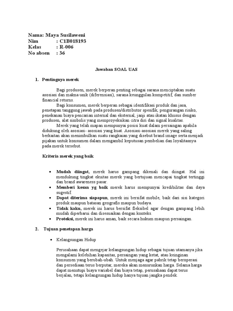 UAS MANAJEMEN PEMASARAN LANJUTAN Maya Susilaweni C1b018193 | PDF