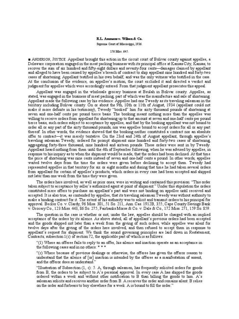 R.L. Ammons v. Wilson - Co. - Edited Case | PDF | Offer And Acceptance ...