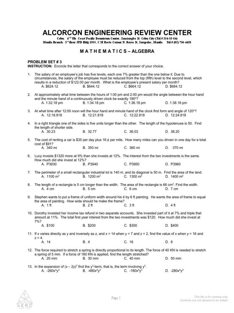 Alcorcon Engineering Review Center: Mathematics-Algebra | Download Free ...