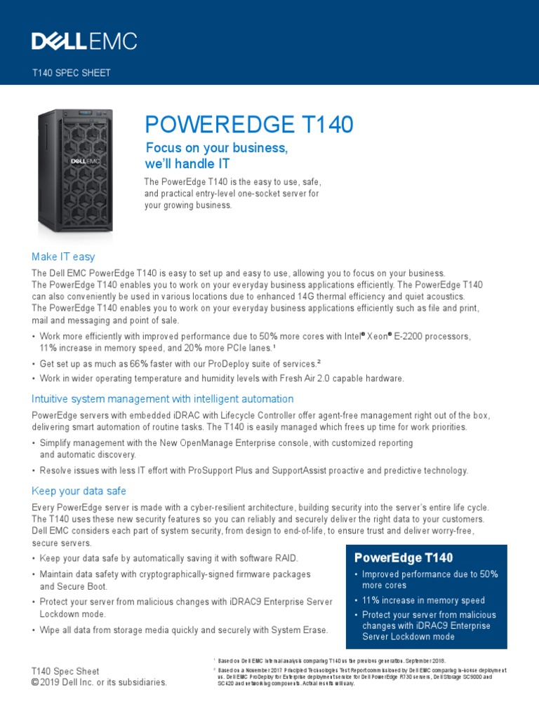 Dell Emc Poweredge t140 Spec Sheet | PDF | Dell | Intel