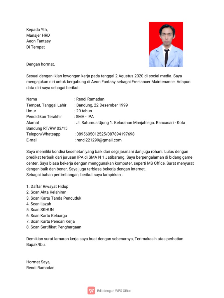Surat Lamaran Kerja - Aeon Fantasy - Rendi Ramadan | PDF