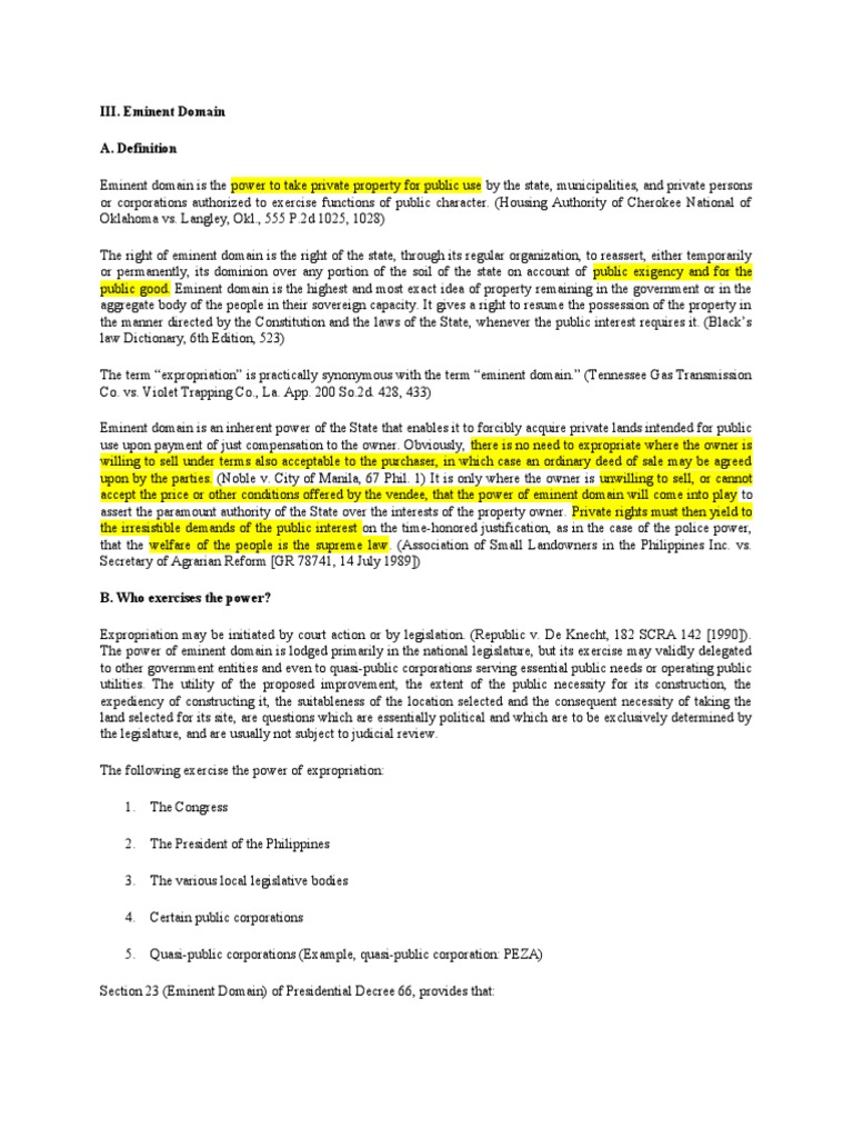 III. Eminent Domain A. Definition | PDF | Eminent Domain | Just ...