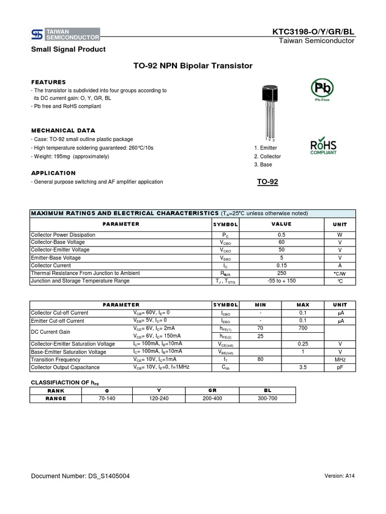 KTC3198-O/Y/GR/BL: Small Signal Product | PDF | Bipolar Junction Transistor | Semiconductors