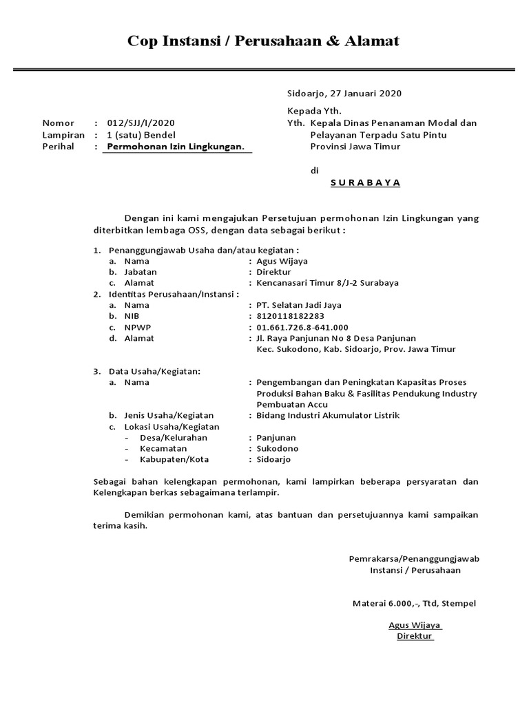 Contoh Surat Permohonan Izin Lingkungan ADENDUM OSS | PDF