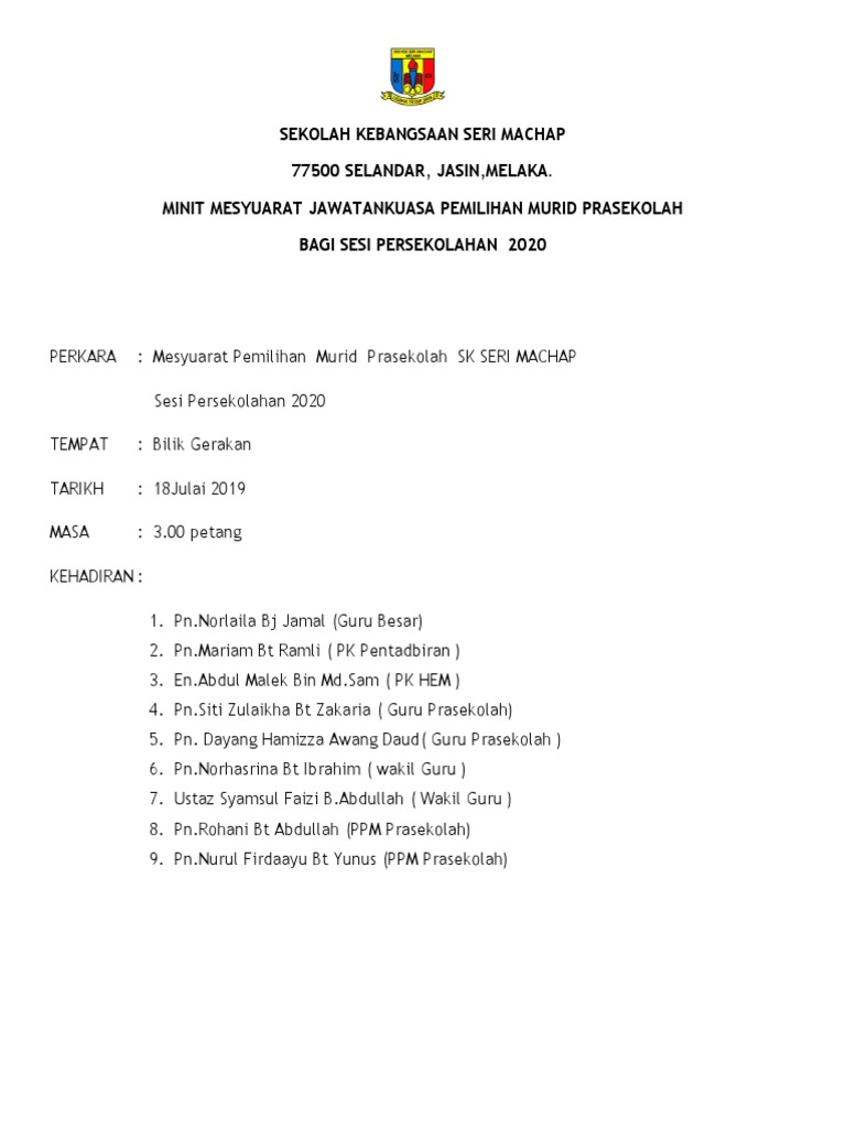 Minit Mesyuarat Pemilihan Murid 2020 | PDF