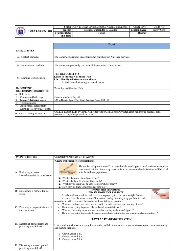 Trimming and Shaping Nails | PDF | Nail (Anatomy) | Teachers
