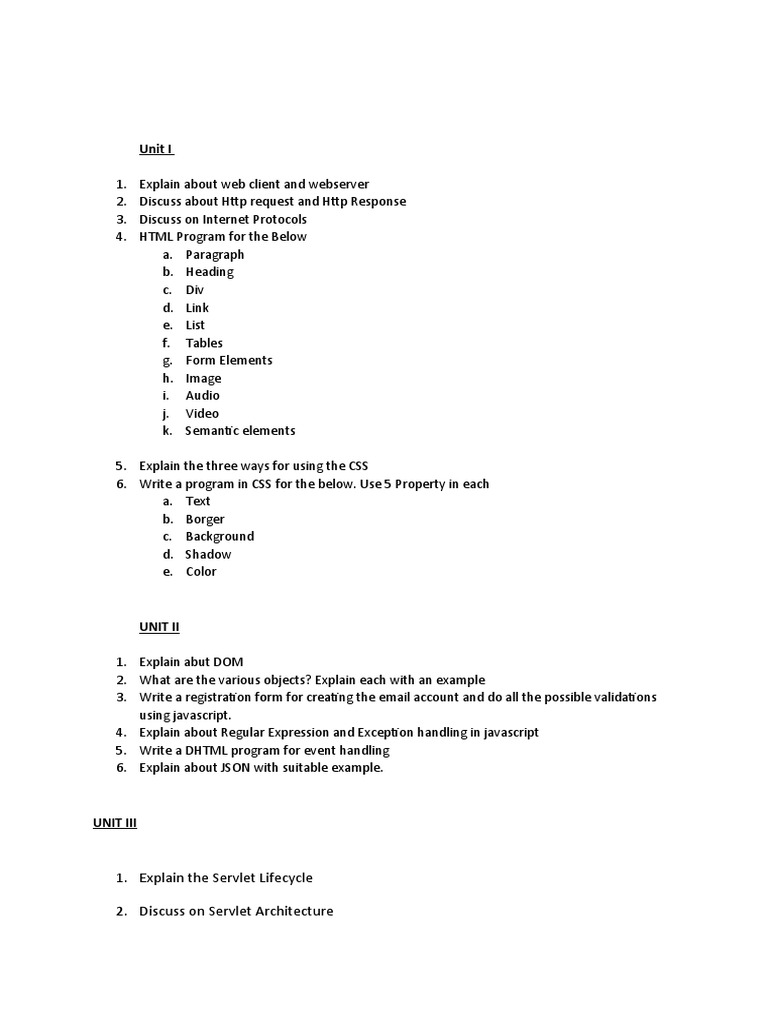 Unit I: 1. Explain The Servlet Lifecycle 2. Discuss On Servlet Architecture | PDF | Xml | Html ...