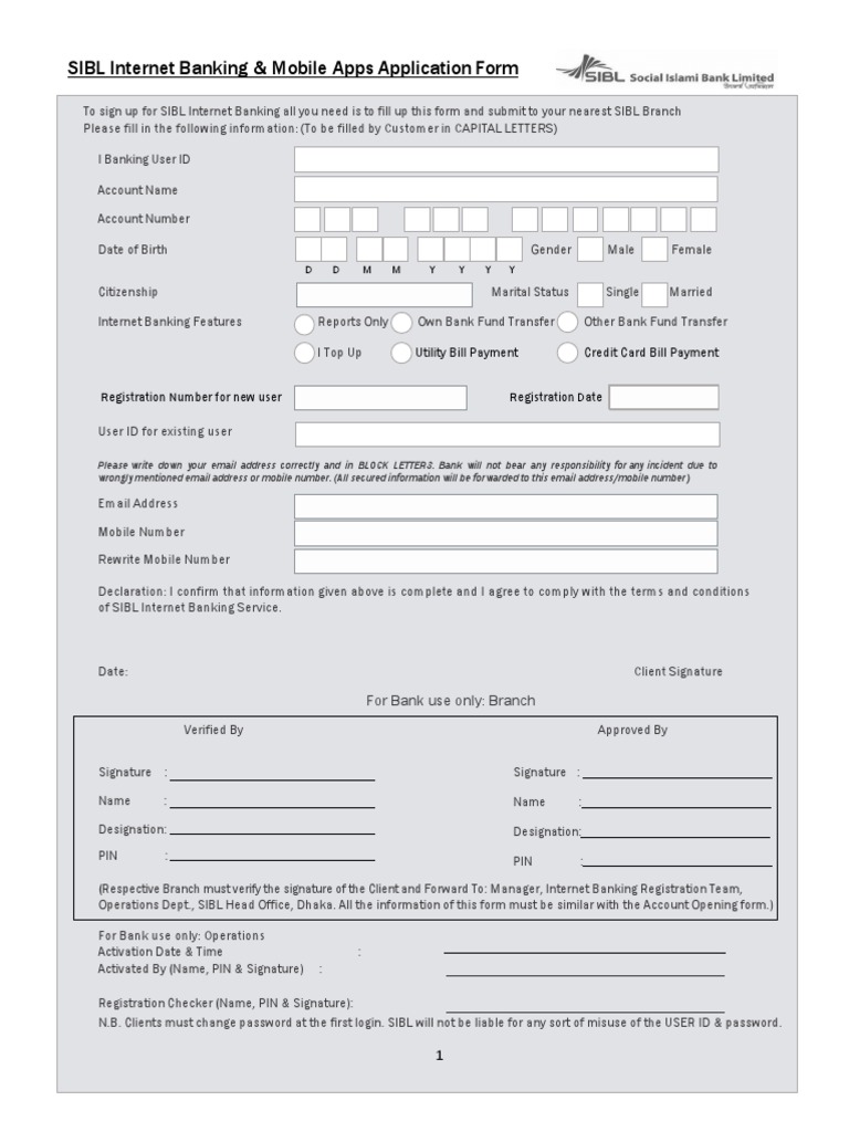 SIBL Internet Banking Registration Form | PDF | Online Banking | Banks ...