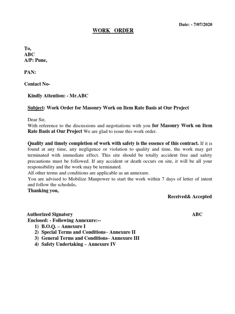 Brickwork Work Order | PDF | Independent Contractor | Insurance