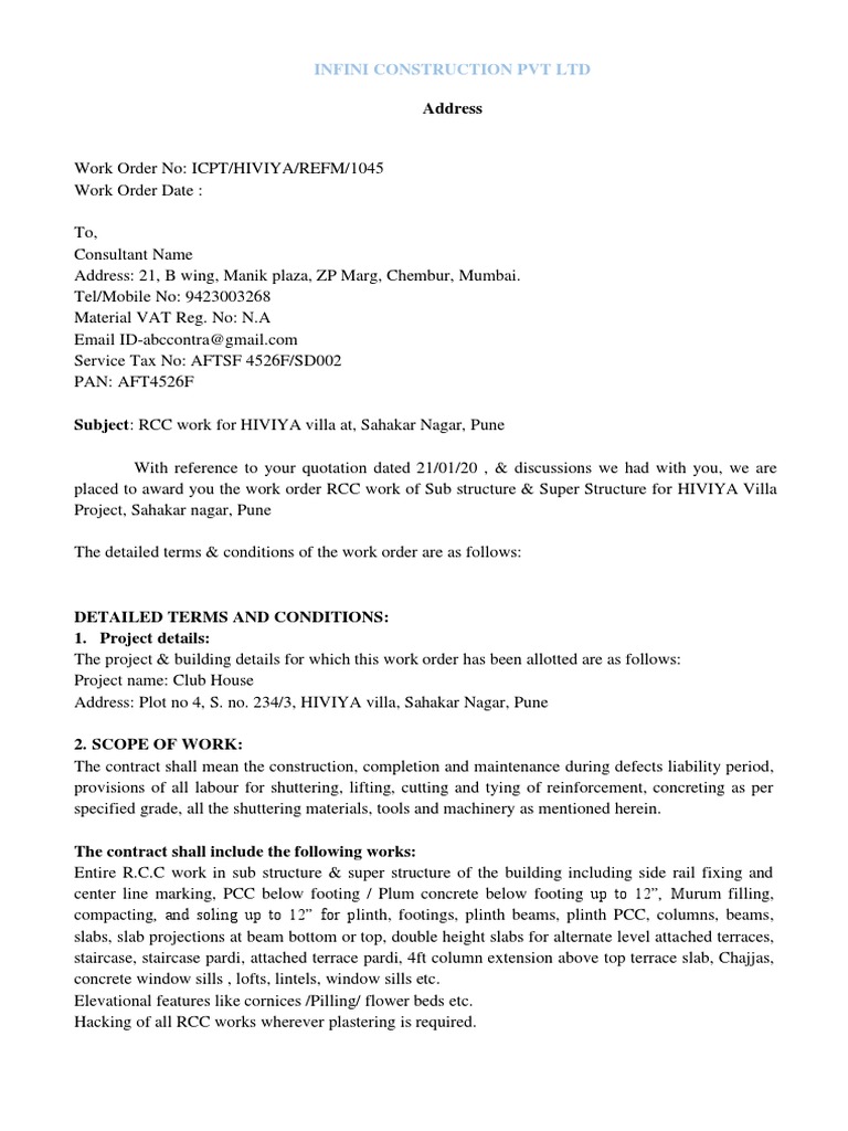 Reinforcement Work Order | PDF | Guarantee | Concrete