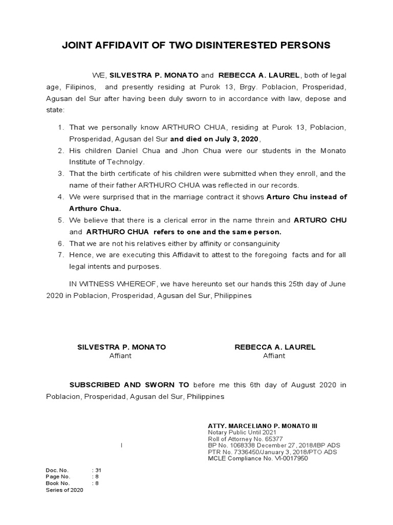 Joint Affidavit of Two Disinterested Persons: Arthuro Chua | PDF